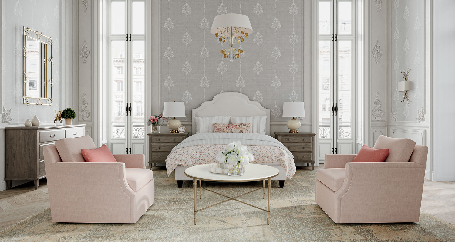 Artfully Connected Gray & Blush Bedroom Design | Ethan Allen Canada